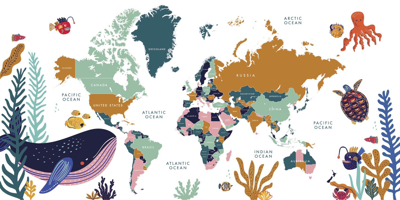 Mapa del mundo con animales del océano PapelPintado.com